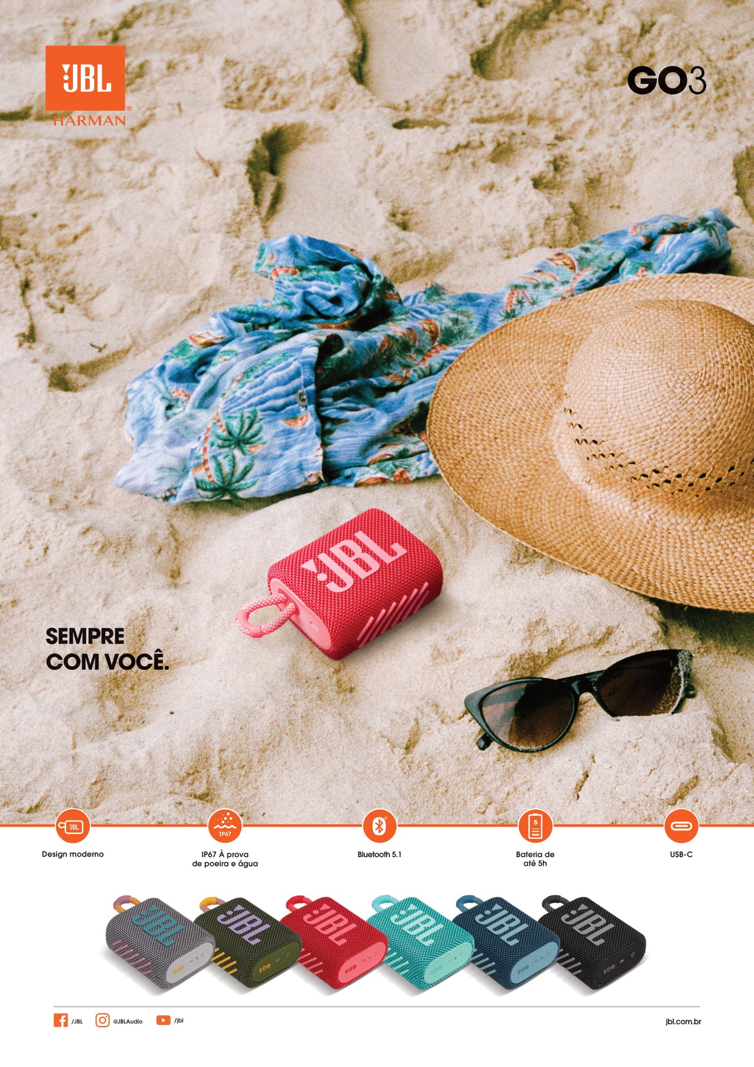 Caixa de Som JBL GO3 4W Bluetooth À Prova D´água Red, Eletrônicos - NAGEM